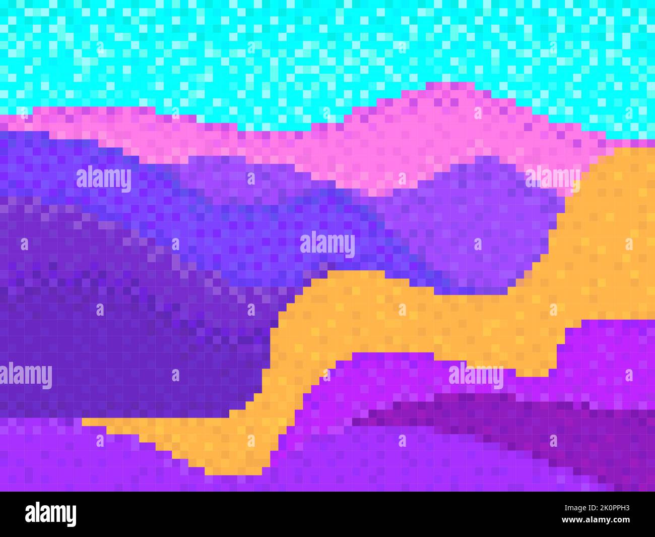 Pixel landscape with hills and mountains. Retro 8-bit video game of the ...