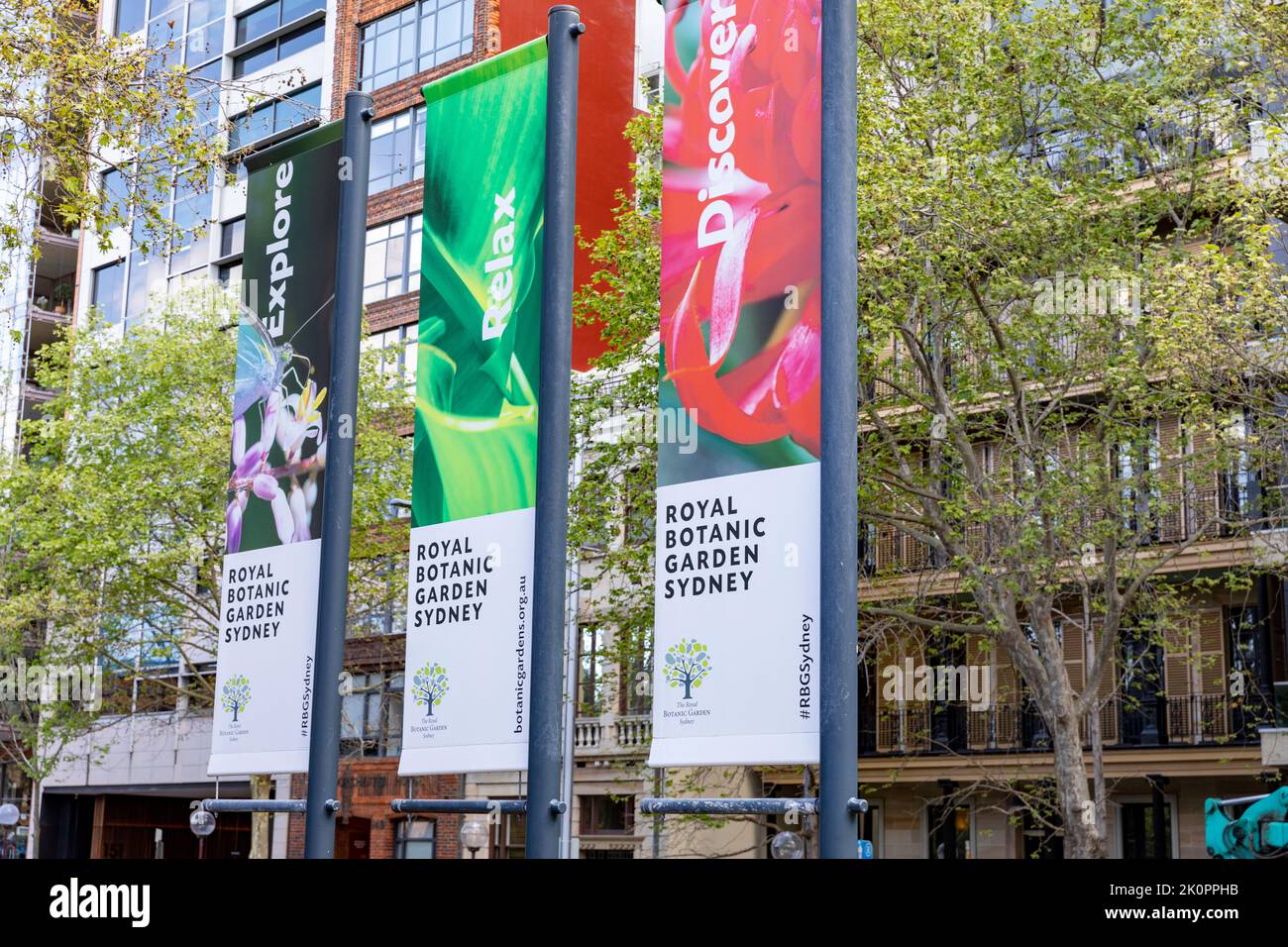 Signs and banners at the entrance to the Royal botanic Garden in Sydney ...