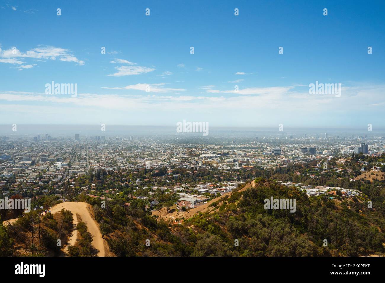 Los Angeles panorama from Hollywood Mount hiking trail. Bright sunny ...