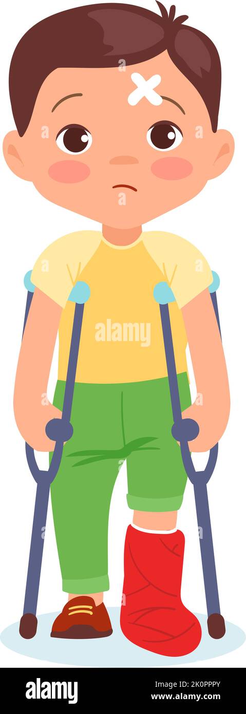 Kid illnesses. Injuries and ailments. Disabled boy with crutches ...