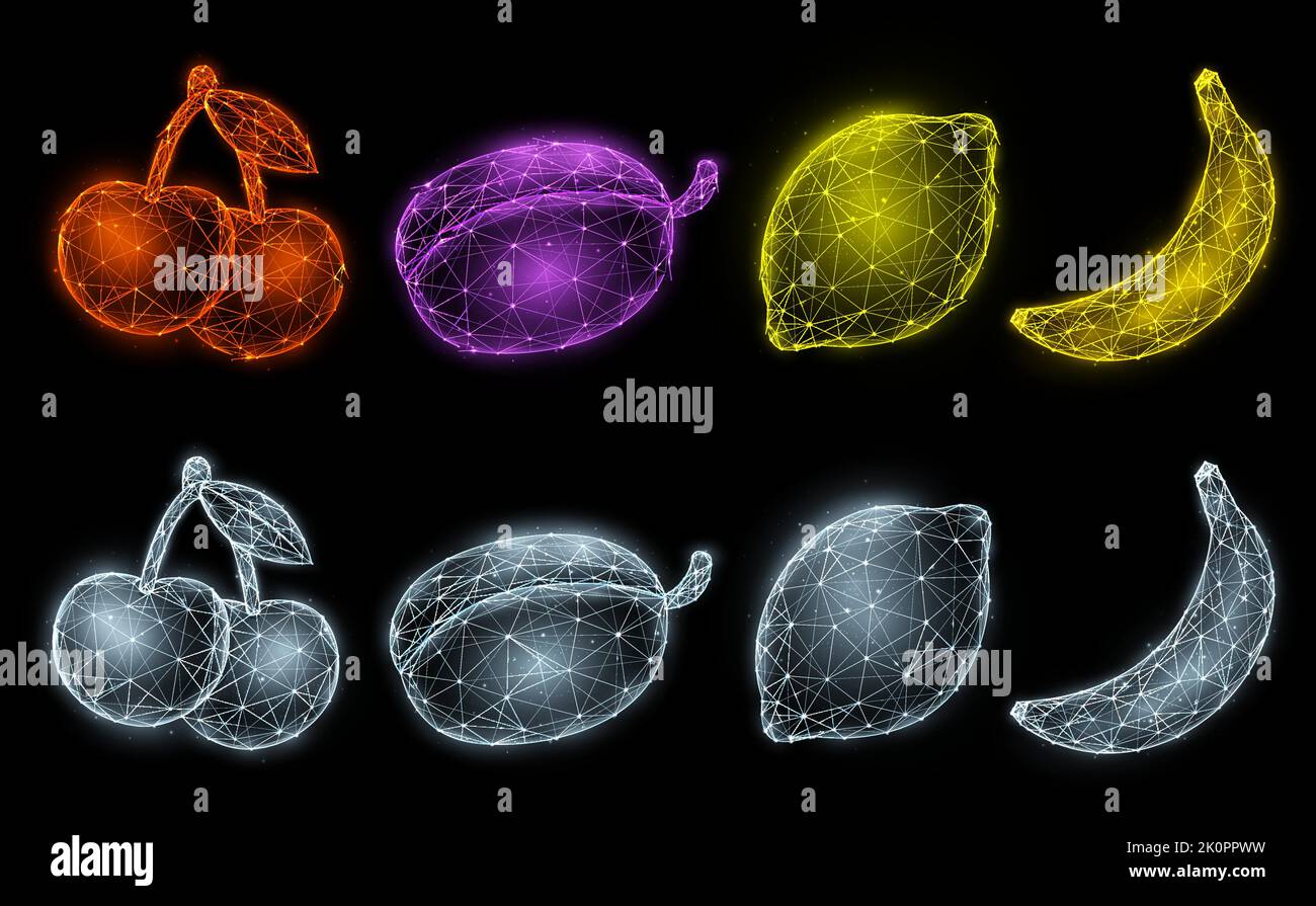 Cherry, plum, lemon and banana polygonal vector illustration isolated ...