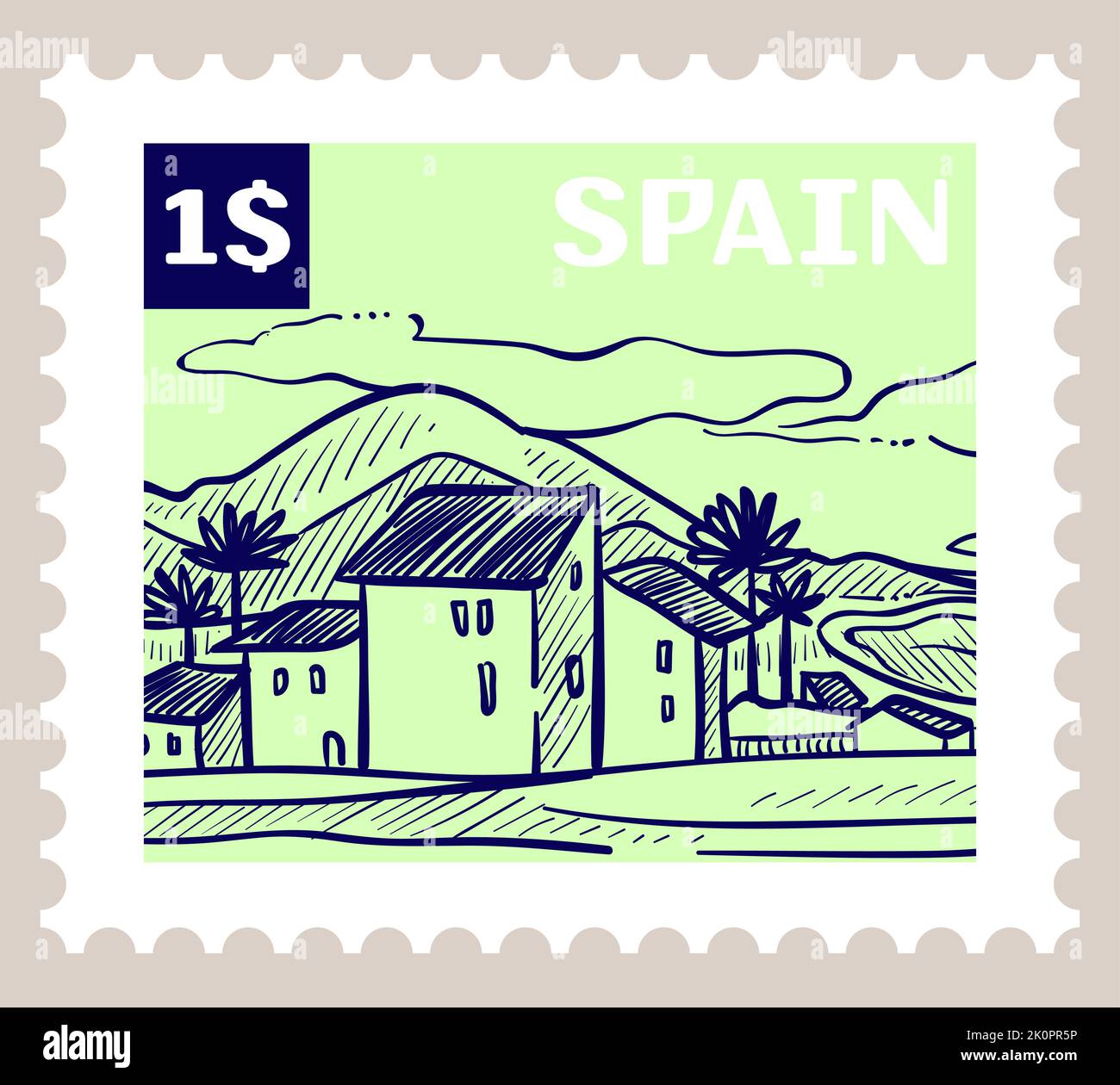 Spain postal mark with landscape of city, vector Stock Vector Image ...