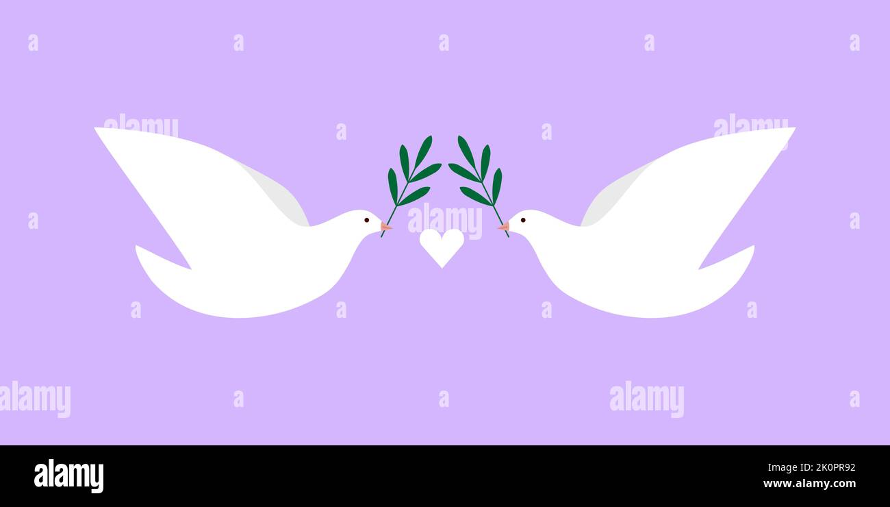 Two white doves with olive branches around the heart shape. Peace ...