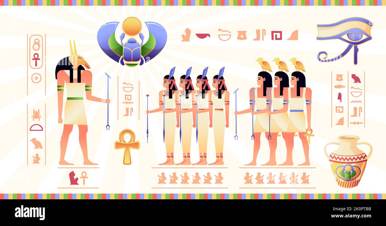 Egyptian fresco. Ancient Egypt mural with hieroglyphs and mythology ...