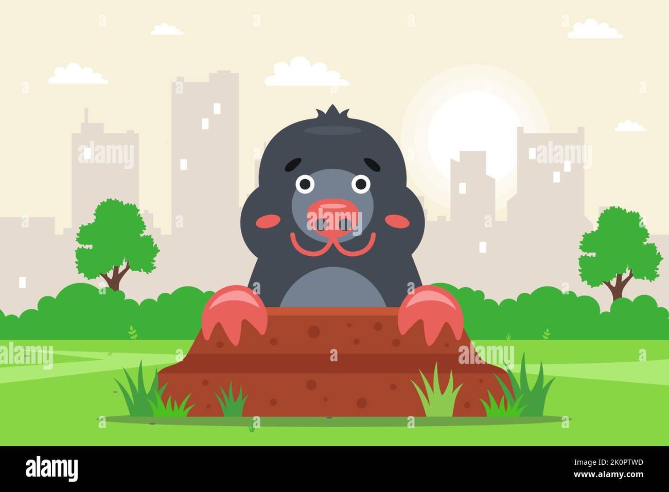 a mole peeks out of a hole in the garden. flat vector illustration ...