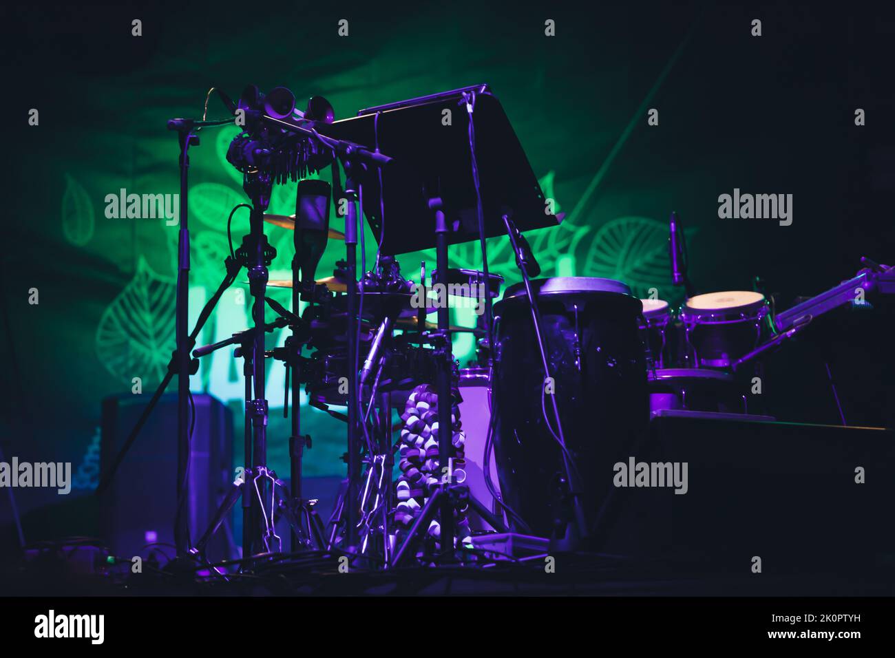 Music instruments, drumson stage in colorful stage light Stock Photo ...