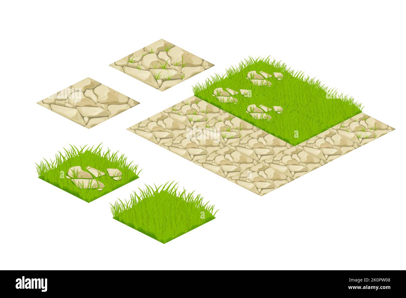 Set isometric tile lawn map elements grass, stones in cartoon style isolated on white background ...