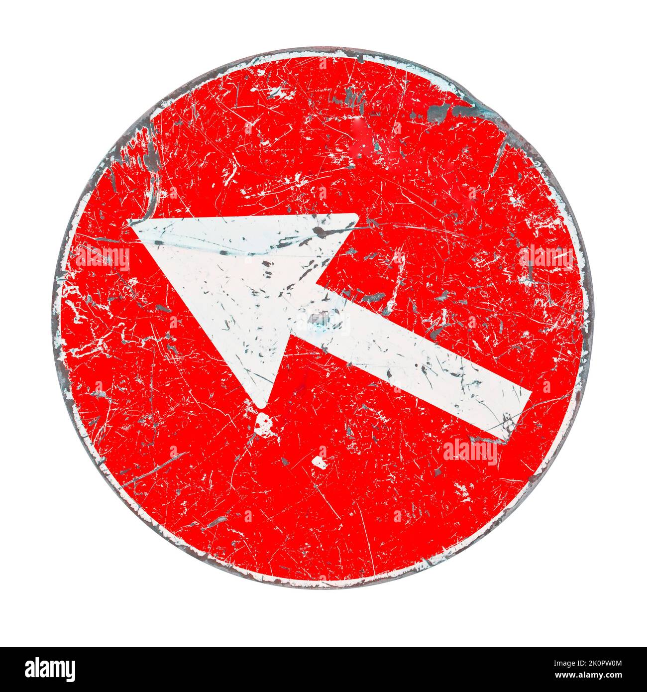 Old road sign with white arrow on red background Stock Photo - Alamy