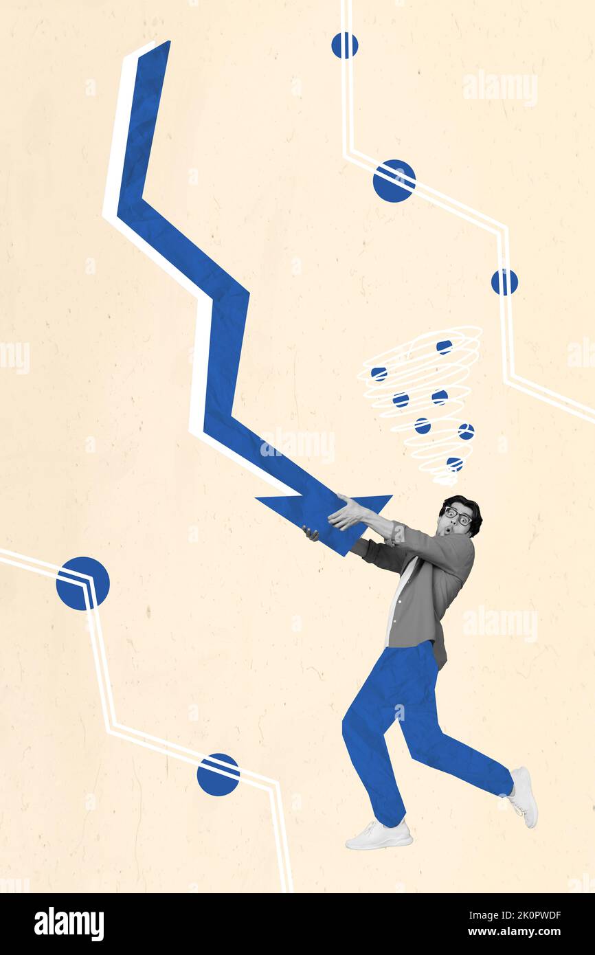 Collage photo of young handsome funny guy miniature hold graphics stats ...