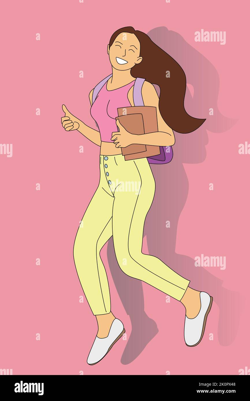 A vertical of a jumping college student with a book and backpack on a ...