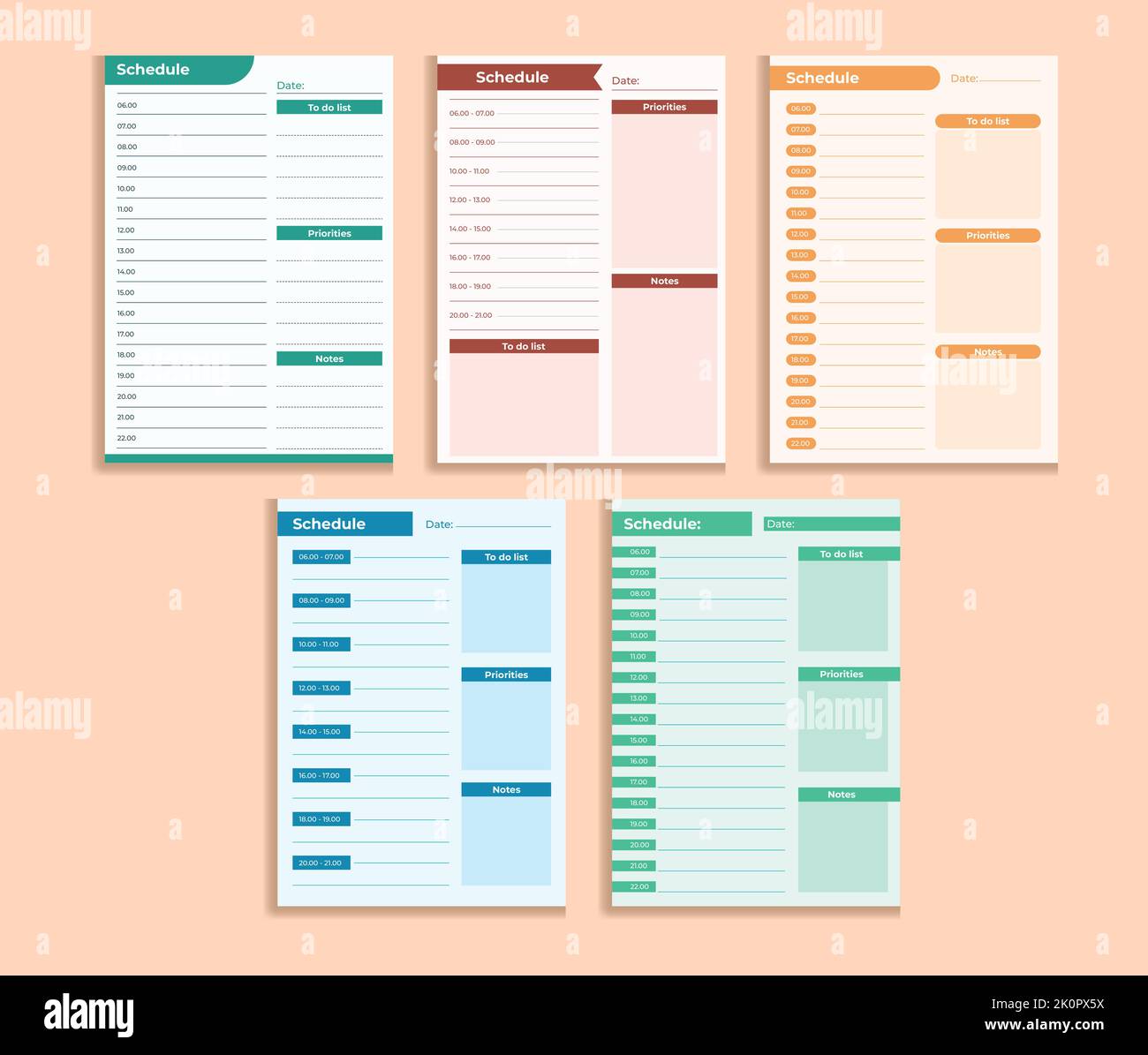 Five pages of daily planner templates in the light orange background ...
