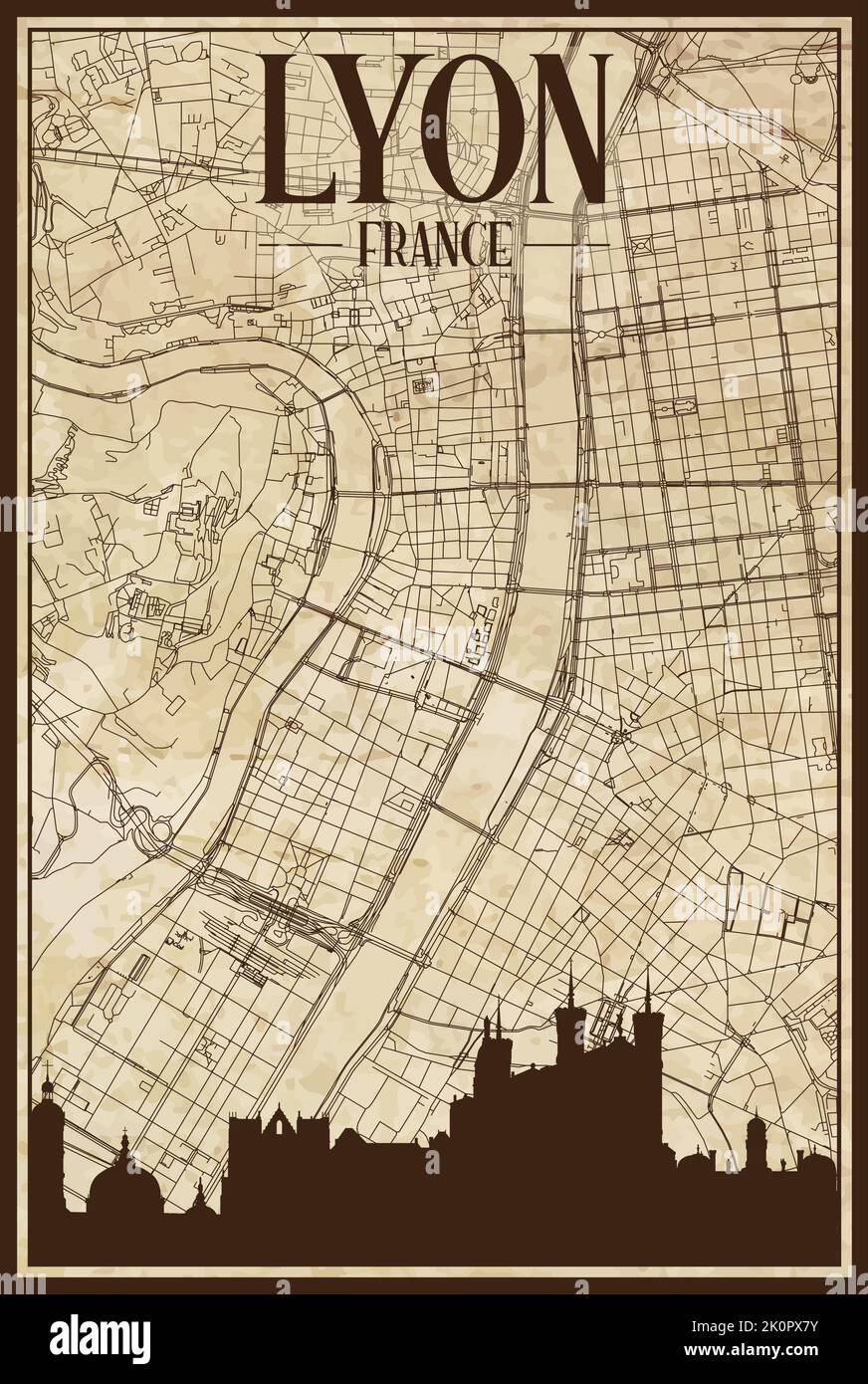 Framed downtown streets network printout map of LYON, FRANCE Stock ...