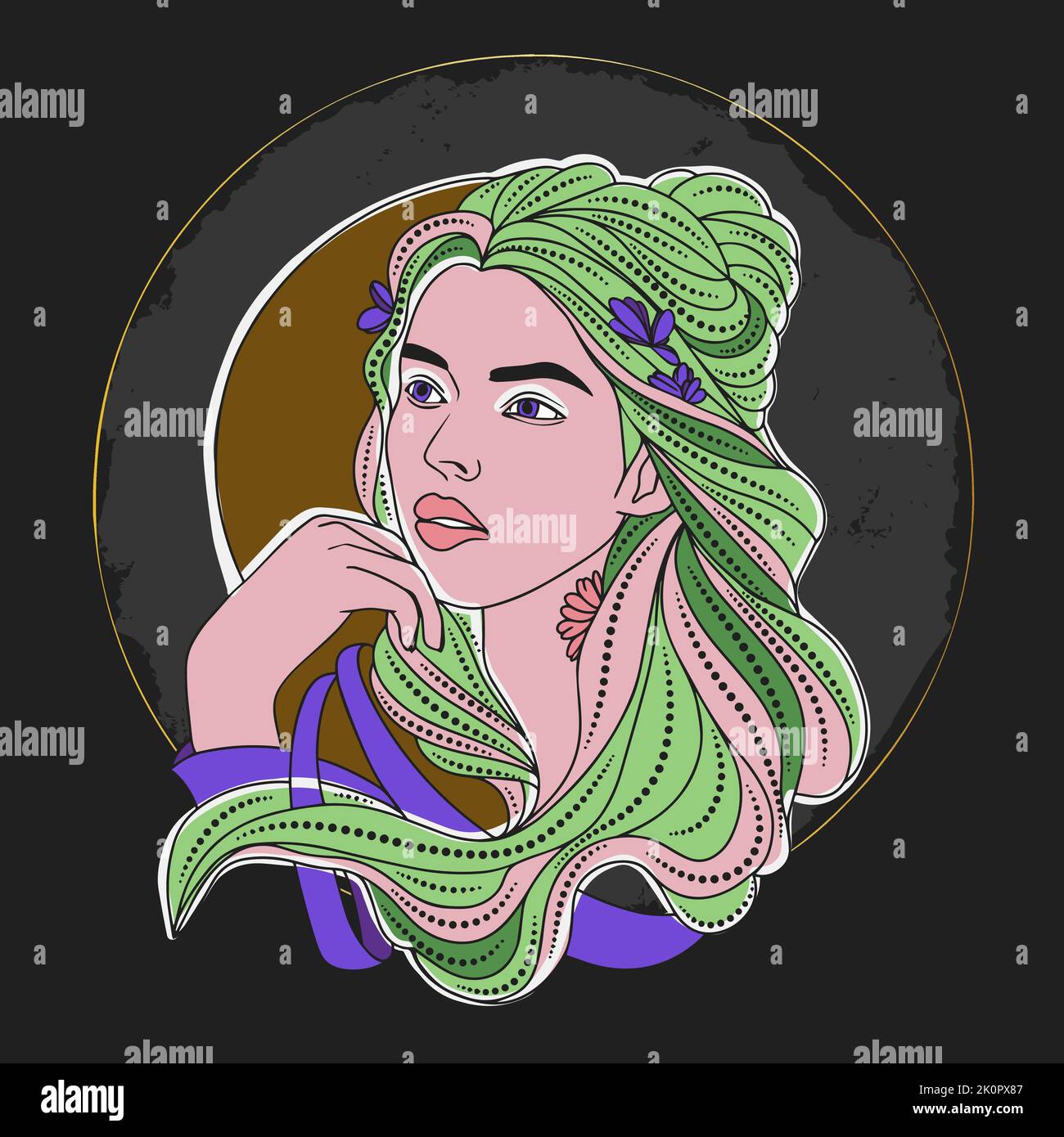 Beautiful portrait of a girl with Chicano jewelry and tattoos, round ...