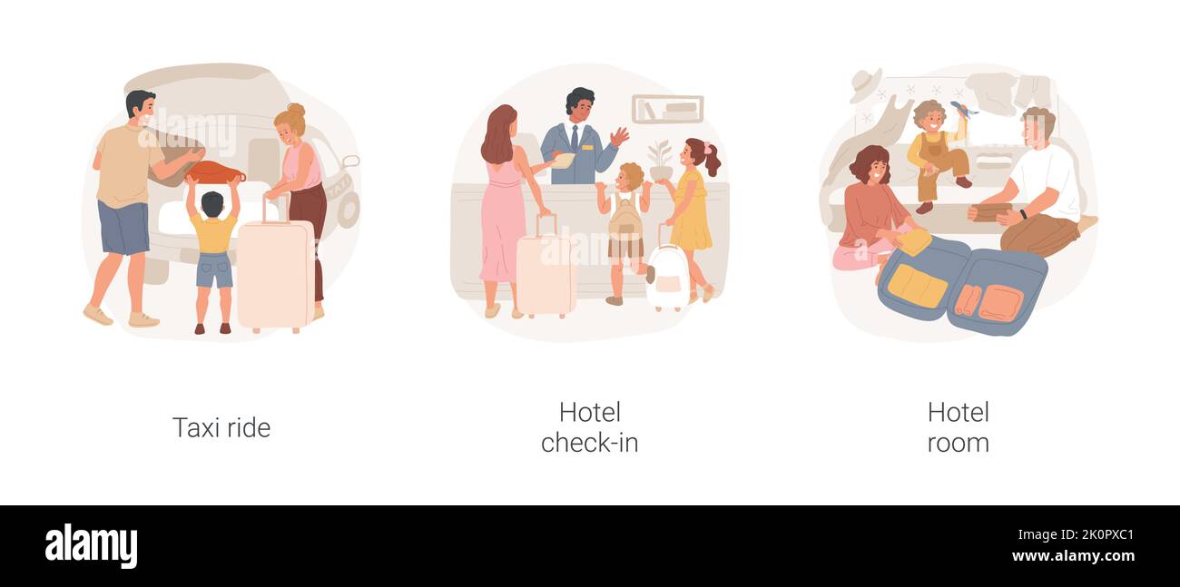Hotel check-in isolated cartoon vector illustration set. Hotel taxi ...