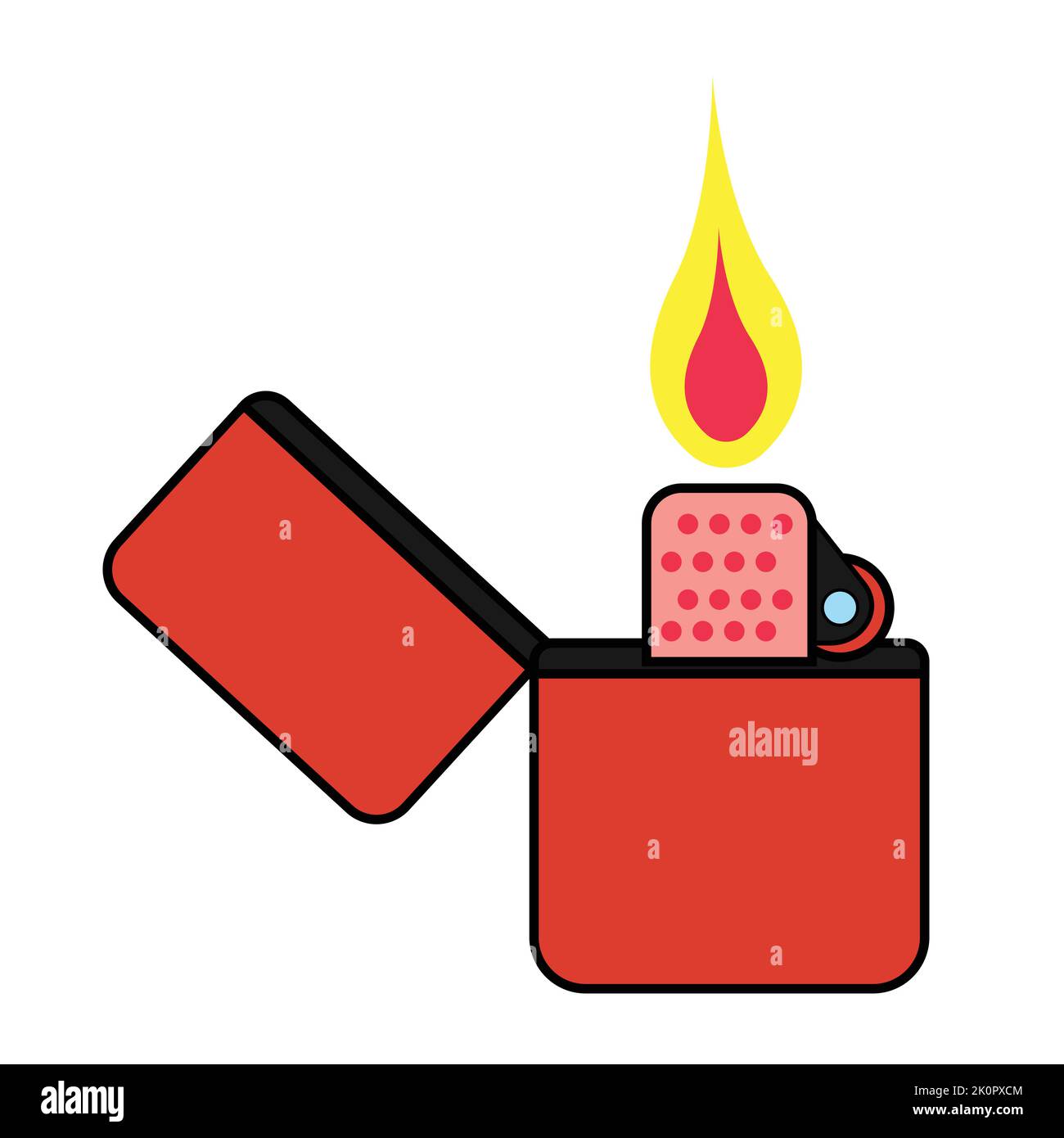 A lit and open butane classic vintage old lighter with yellow and red ...