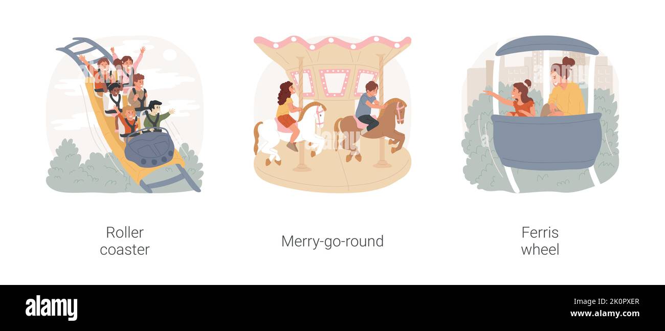 Amusement park rides isolated cartoon vector illustration set. Kids on ...