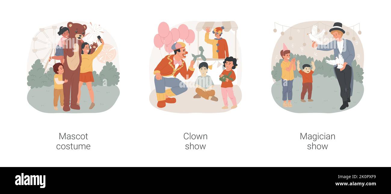 Amusement park shows isolated cartoon vector illustration set. Kid hug ...