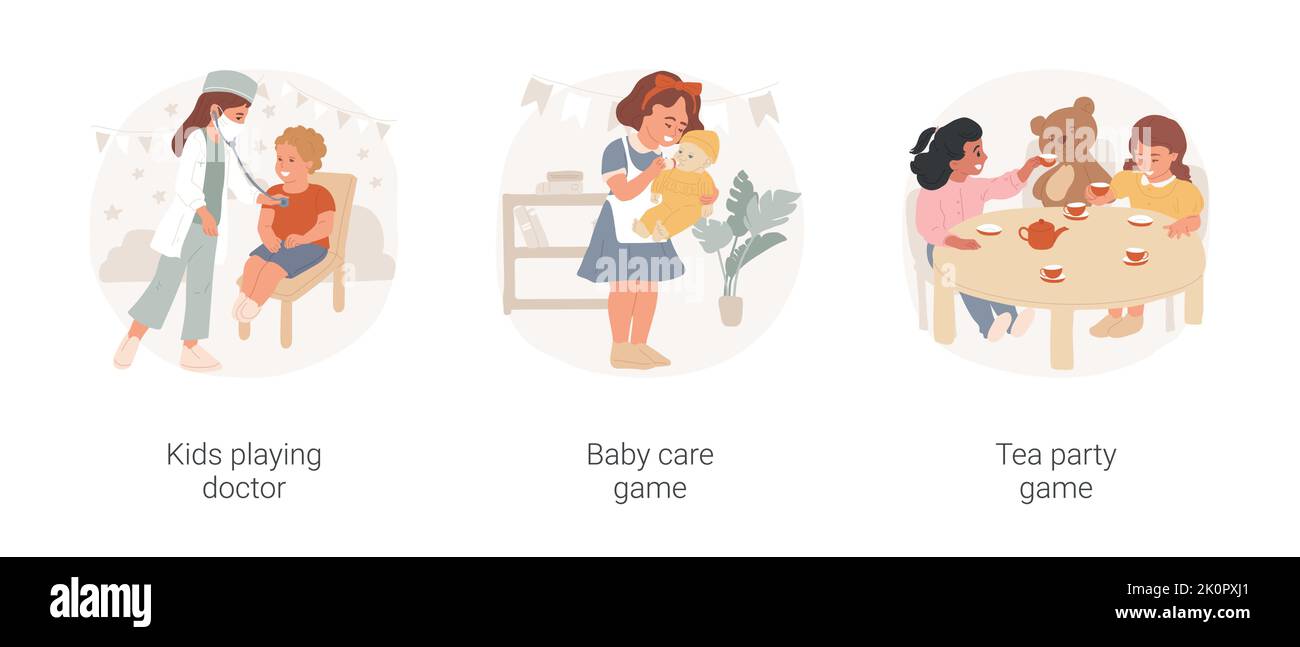 Kids role games isolated cartoon vector illustration set. Kids playing ...