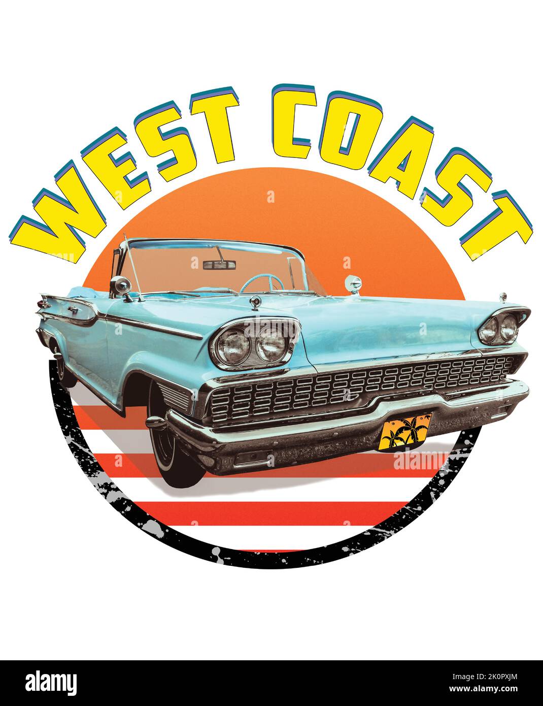 A west coast vintage car, sunset beach, illustration print design Stock ...