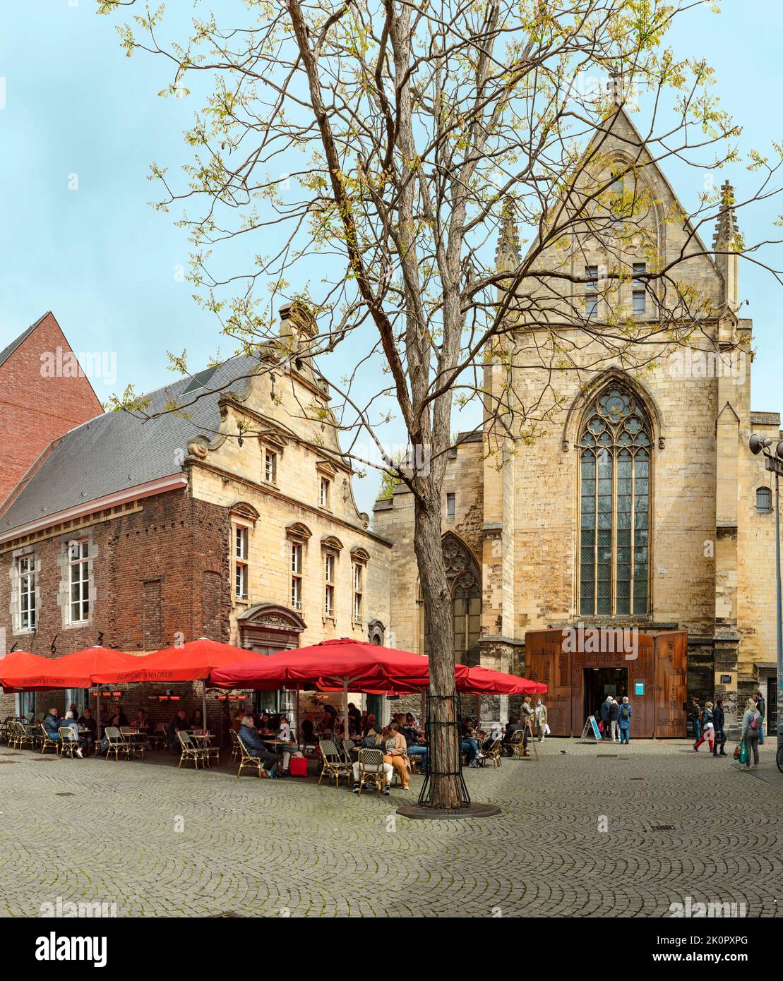 Outdoor cafe next to a church, Maastricht, Limburg, Netherlands, city ...