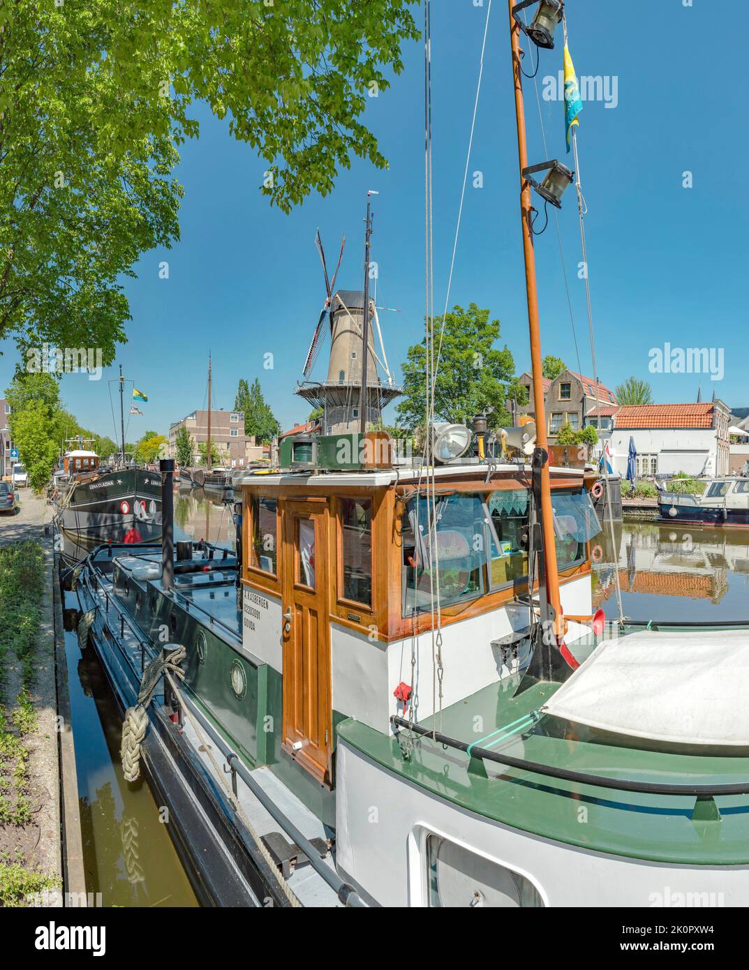 Ancient ships at the Museum-port, windmill called De Roode Leeuw, Gouda ...