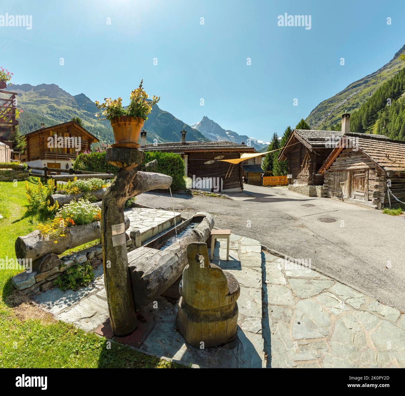 Wooden houses of a mountain village at the Val d’Anniviers, Zinal ...