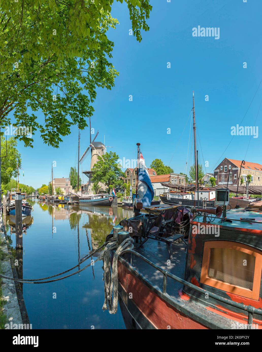 Ancient ships at the Museum-port, windmill called De Roode Leeuw, Gouda ...
