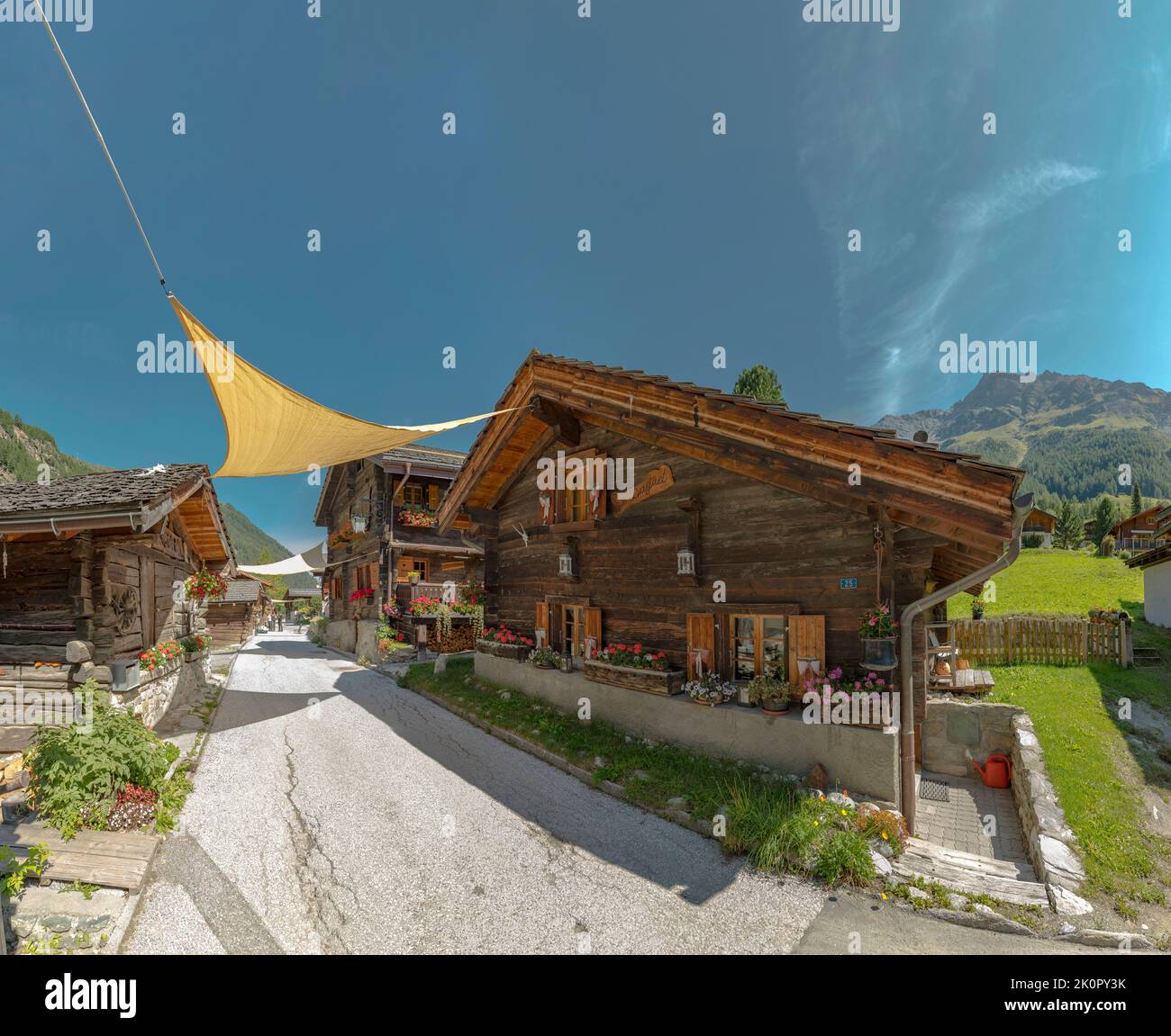 Wooden houses of a mountain village at the Val d’Anniviers, Zinal ...