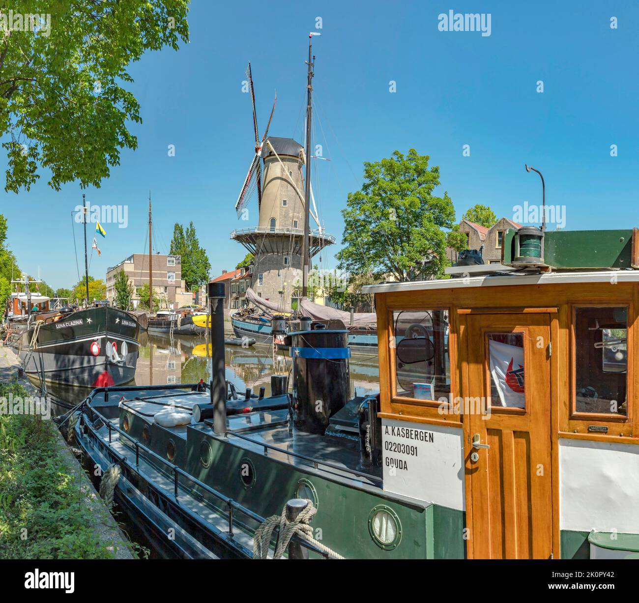 Ancient ships at the Museum-port, windmill called De Roode Leeuw, Gouda ...