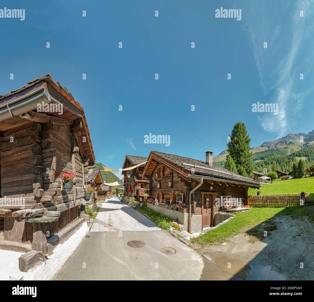 Wooden houses of a mountain village at the Val d’Anniviers, Zinal ...