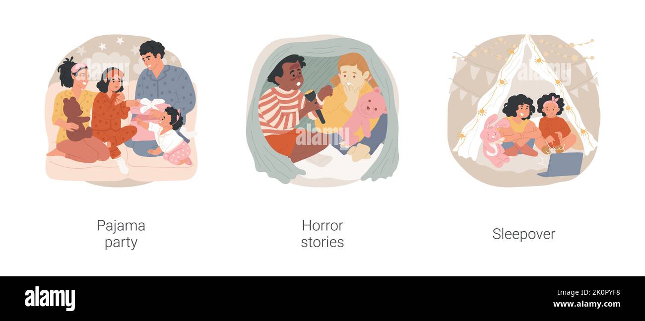 Night time kids party isolated cartoon vector illustration set. Family ...