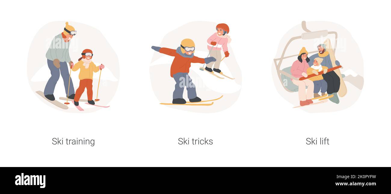 Skiing isolated cartoon vector illustration set. Adult teaching the kid ...