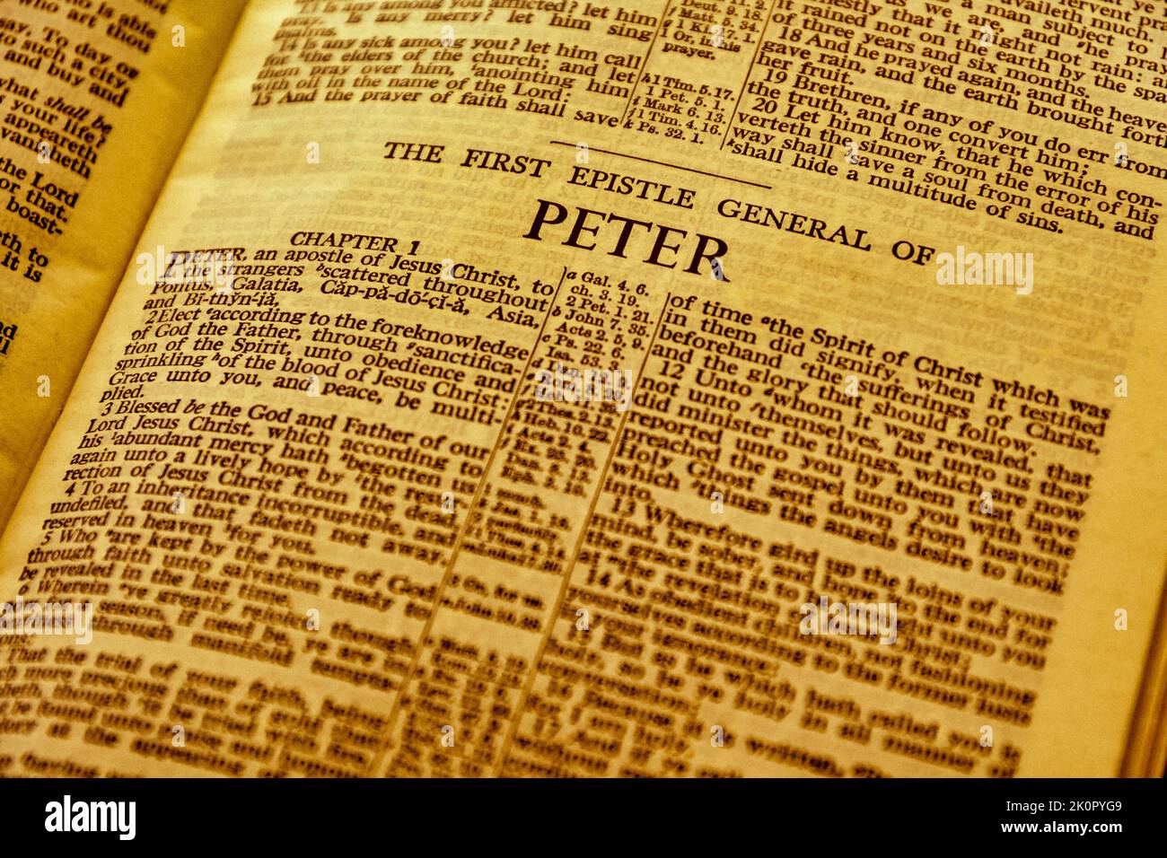Close up of antique Holy Bible page, shallow depth of field with focus ...