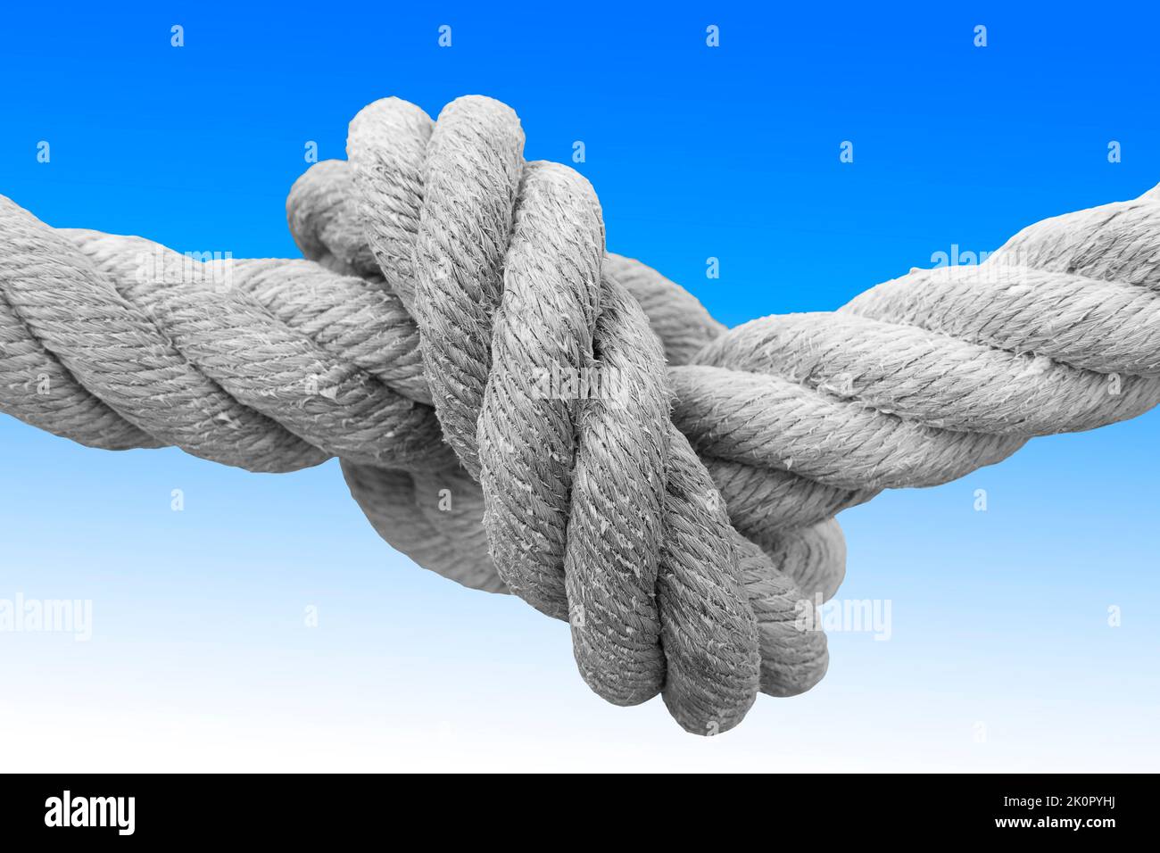 Strong rope with single knot - concept image against a blue and white ...