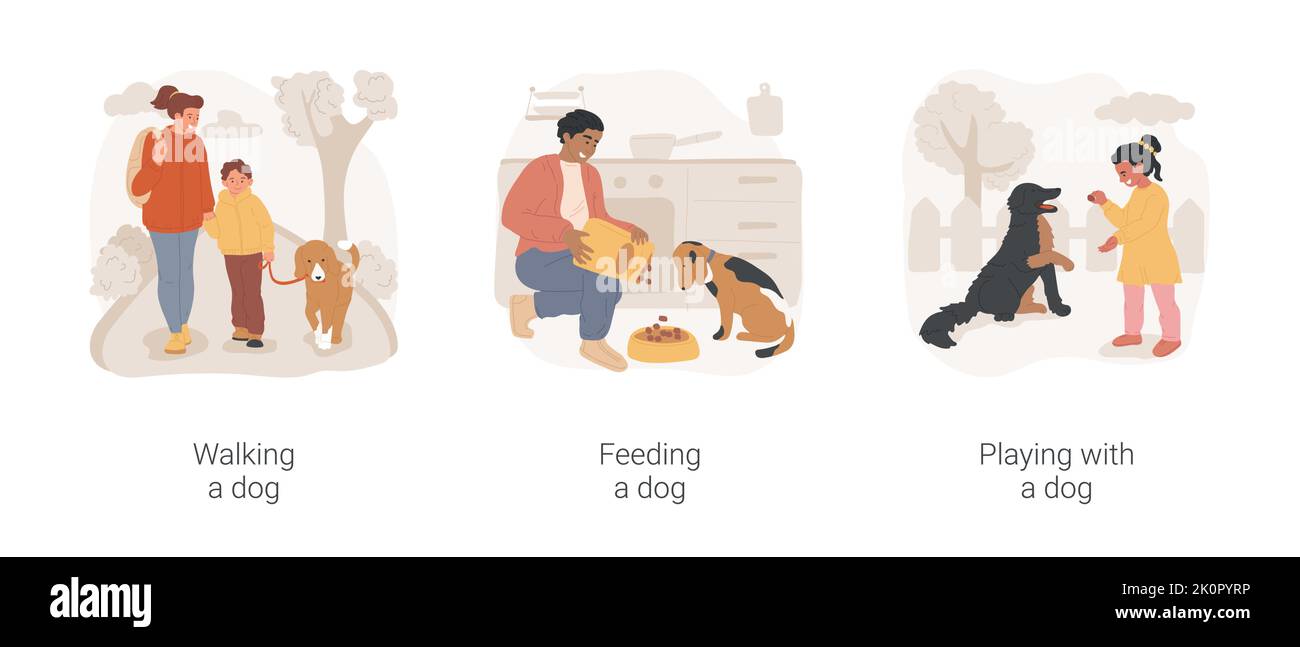 Dog owner routine isolated cartoon vector illustration set. Walking dog ...