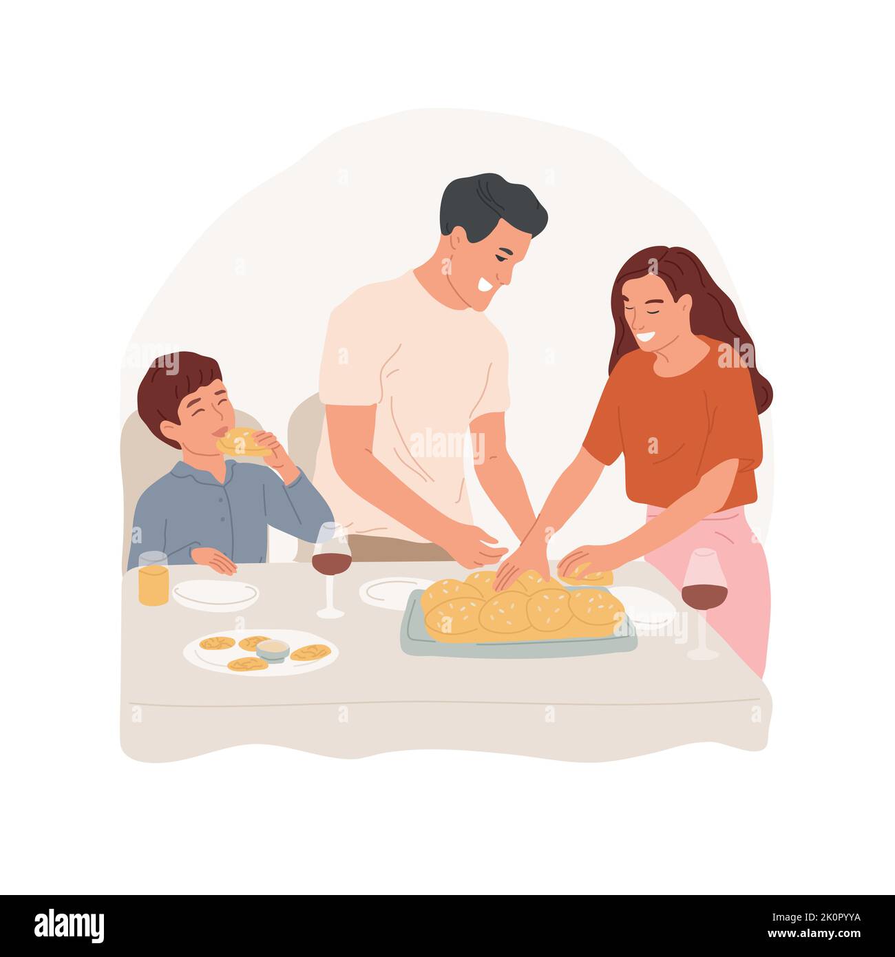 Challah isolated cartoon vector illustration. Family eating jewish ...