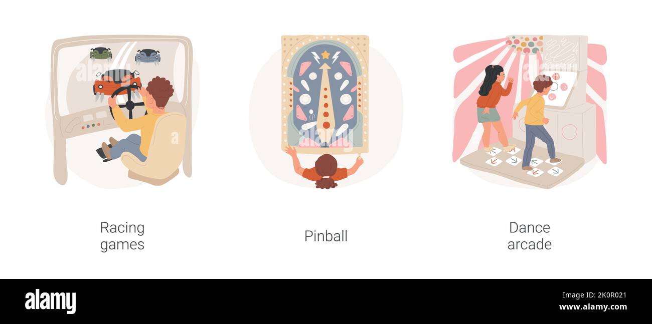 Arcades isolated cartoon vector illustration set. Racing games, chair ...