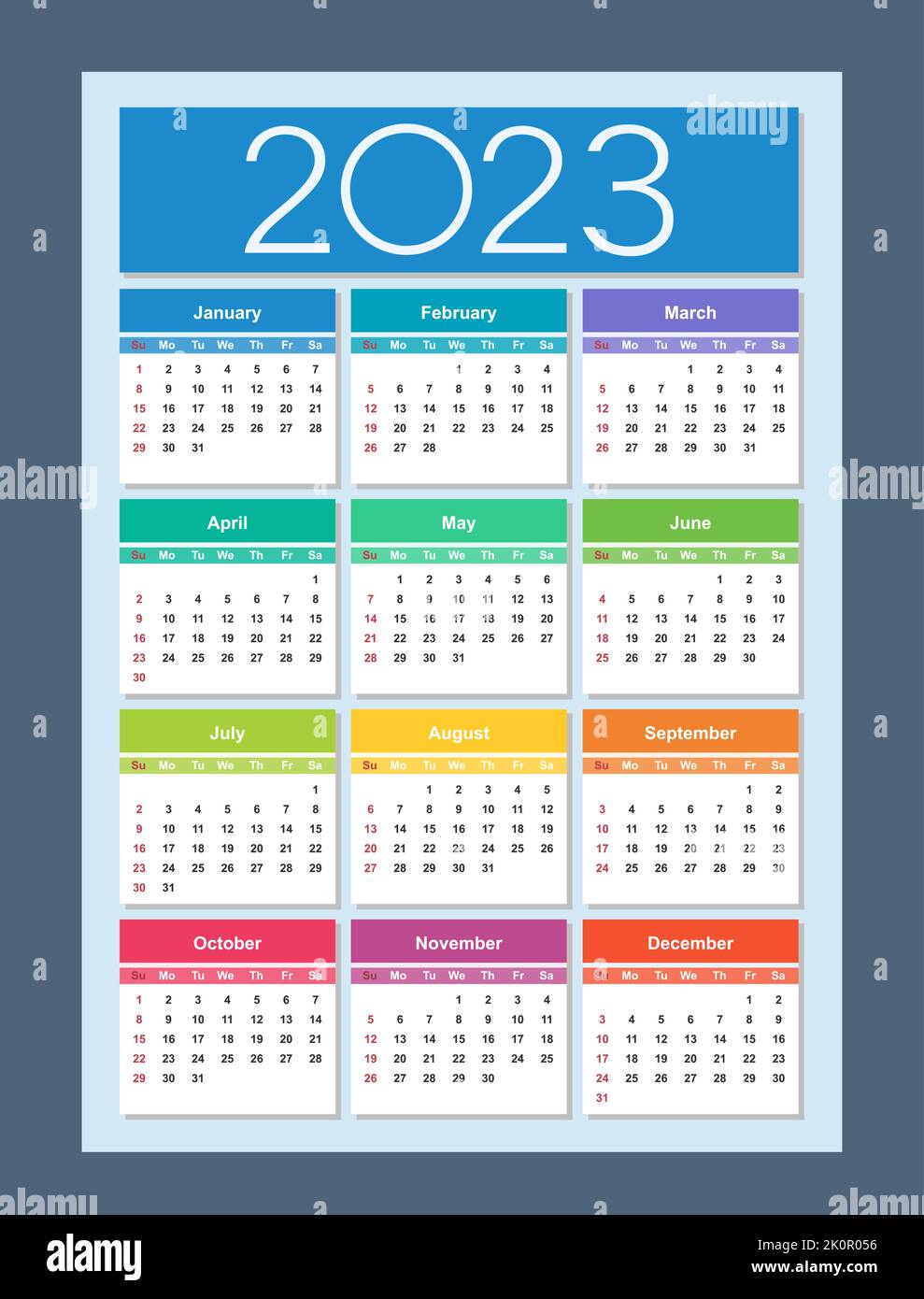 Colorful calendar for 2023 year. Week starts on Sunday. Vertical ...