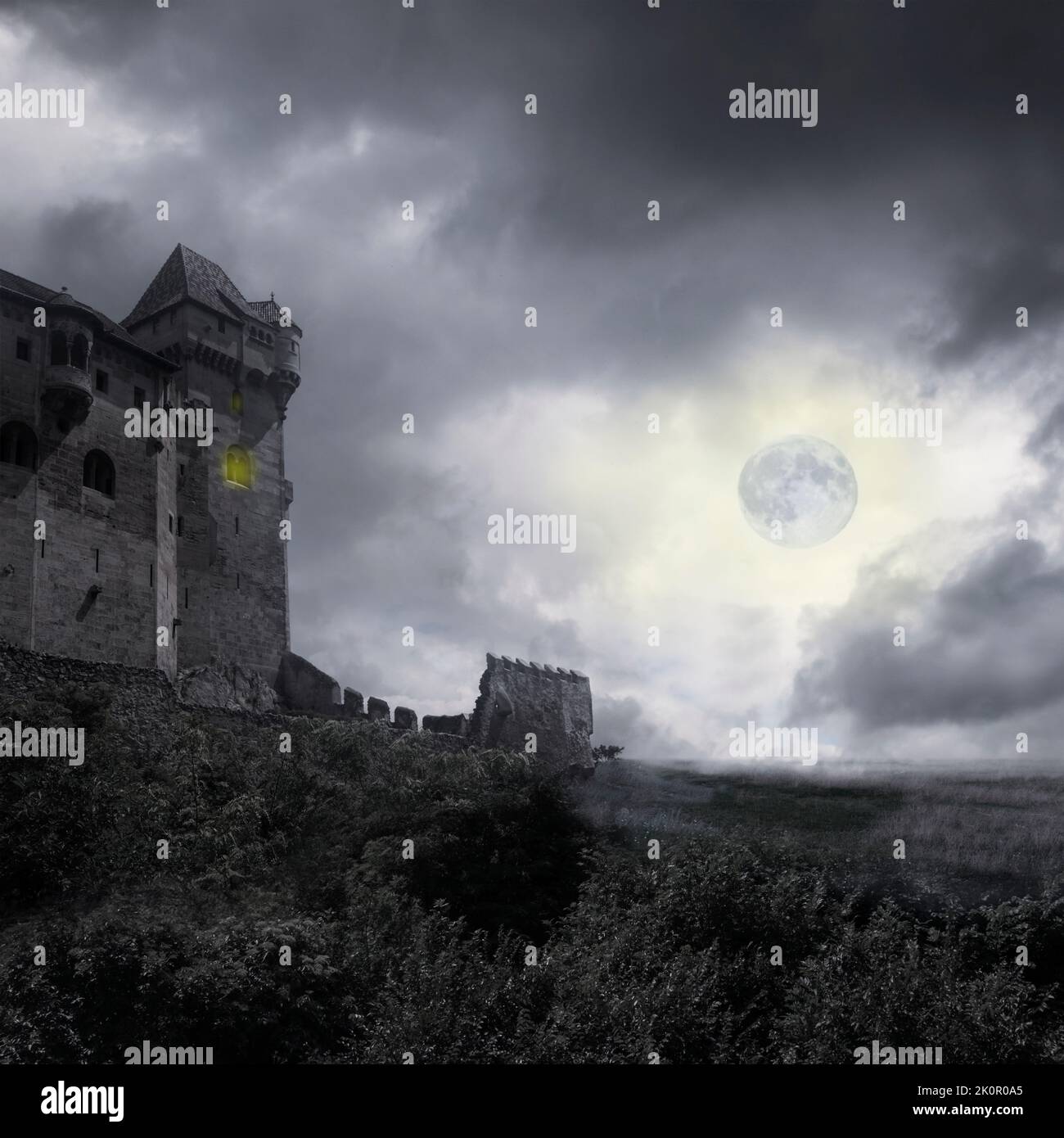 Apocalyptic scenery with road, old towers and moon Stock Photo - Alamy