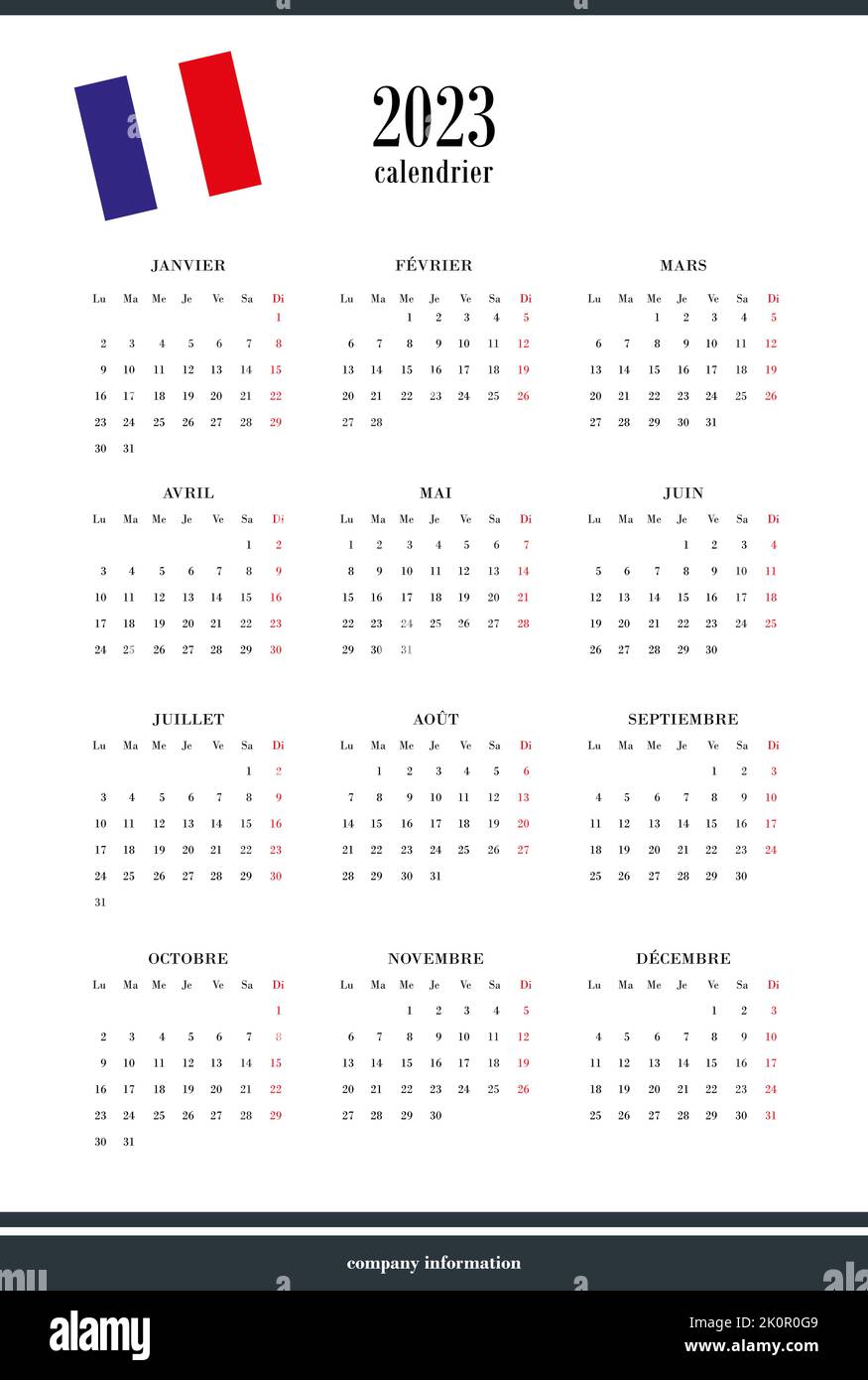 French calendar for 2023. 12 months on one page. Weekend start from ...