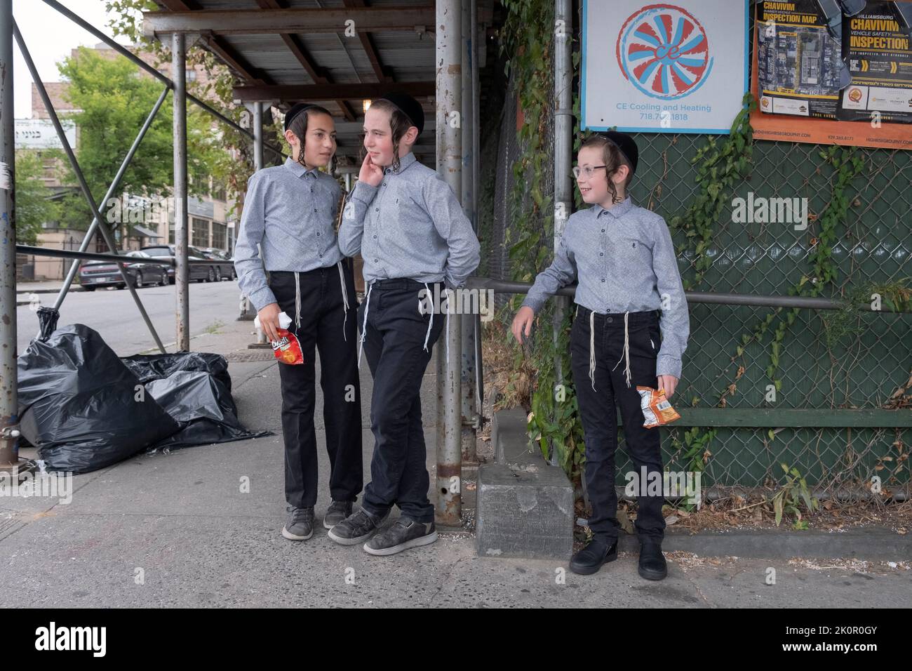 3 orthodox Jewish brothers wait for their school bus on Lee Avenue in ...