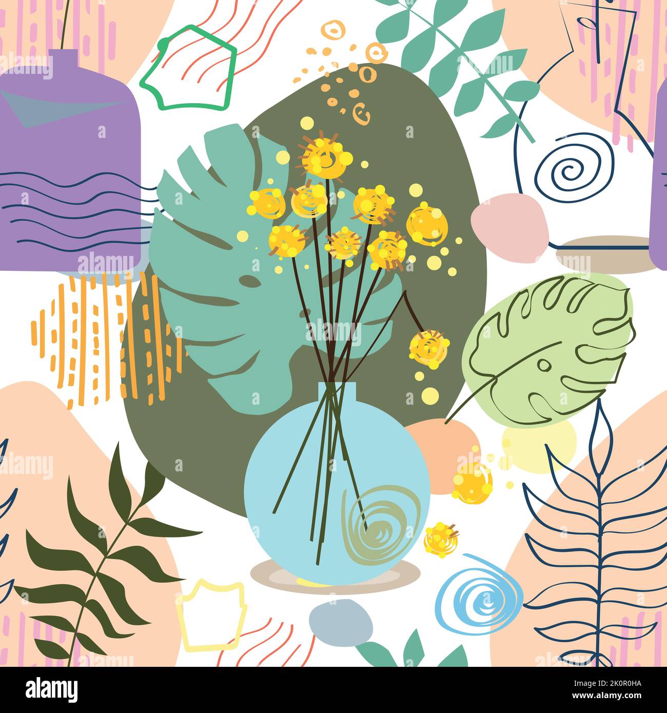 Seamless abstract with vases. Trendy still life collage with pot, plant ...