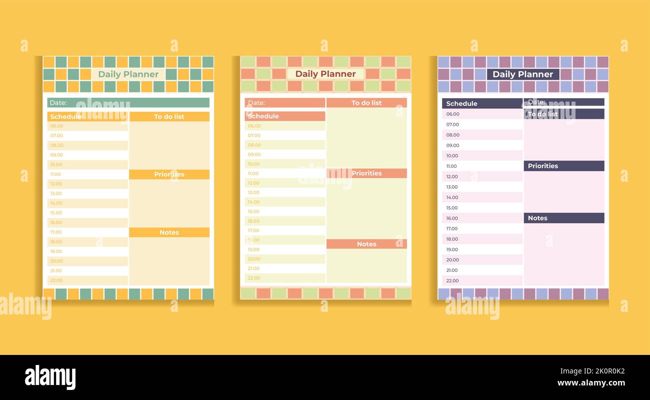 Three pages of daily planner templates in the orange background Stock ...