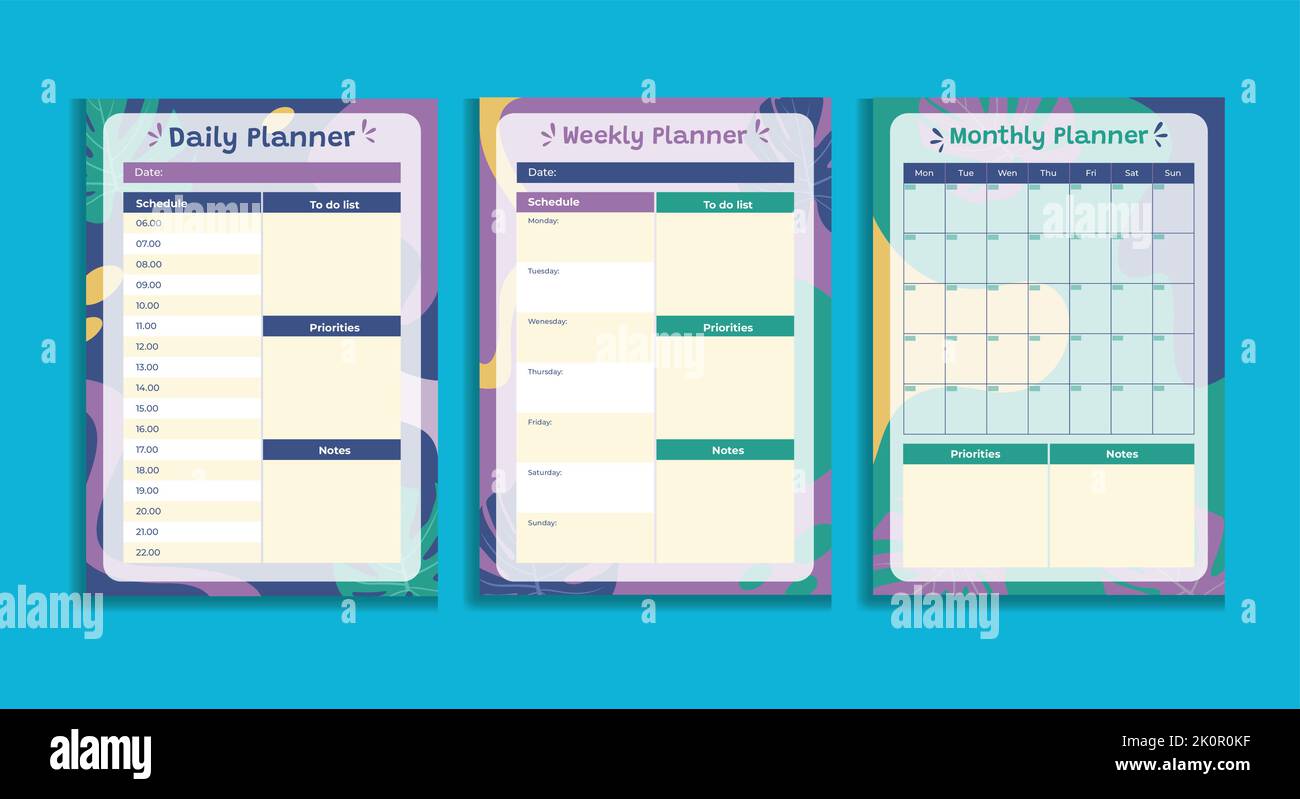 Three pages of daily, weekly, and monthly planner templates in the blue ...