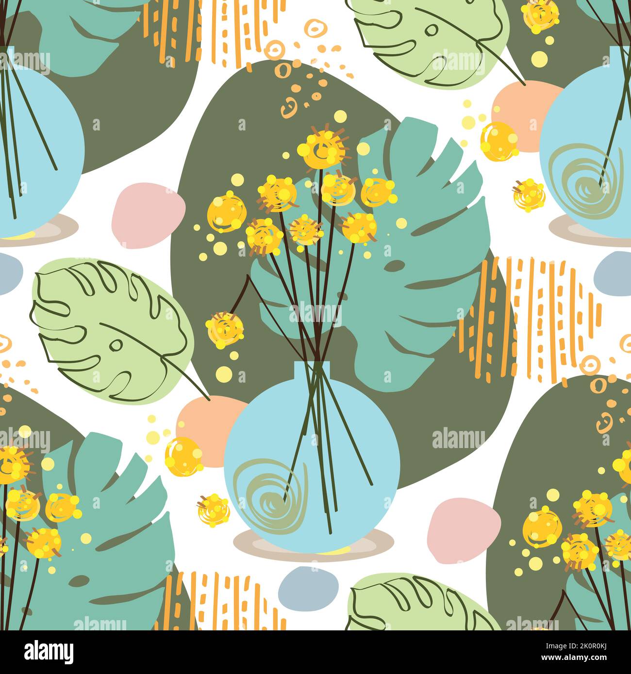 Seamless abstract with vases. Trendy still life collage with pot, plant ...