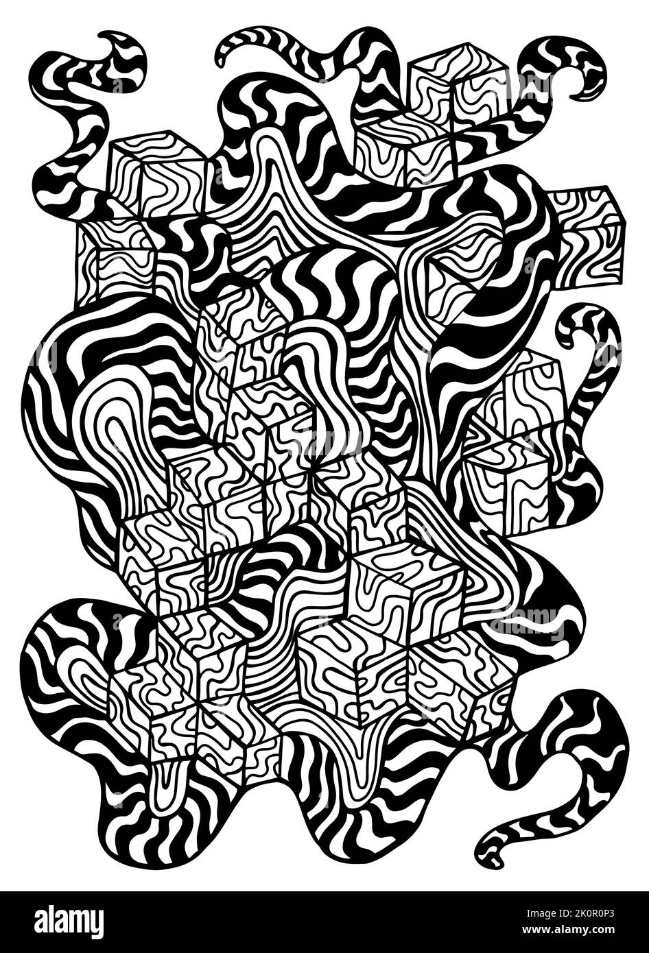 Surreal abstract coloring page. Pattern isolated. Black ink line white ...