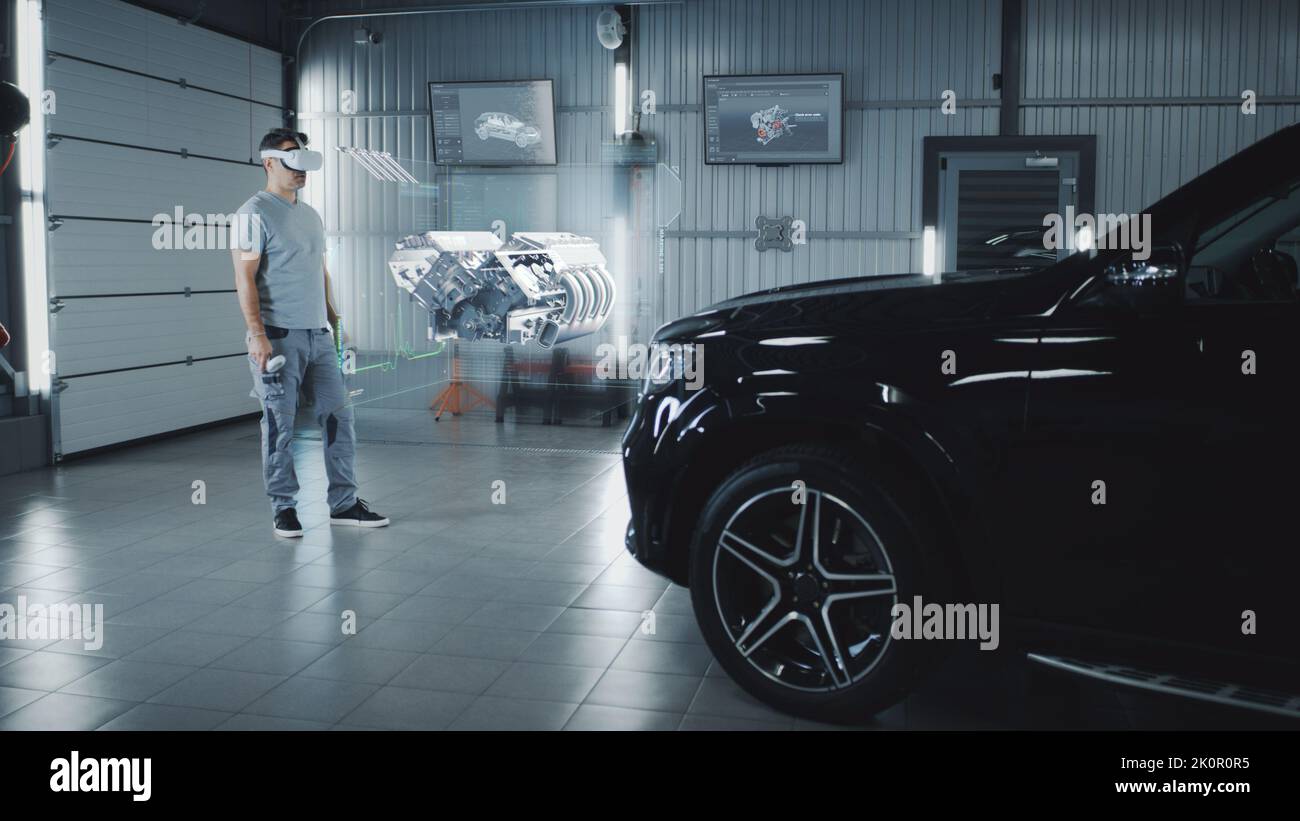 Car service manager assembling a car engine in a futuristic virtual ...