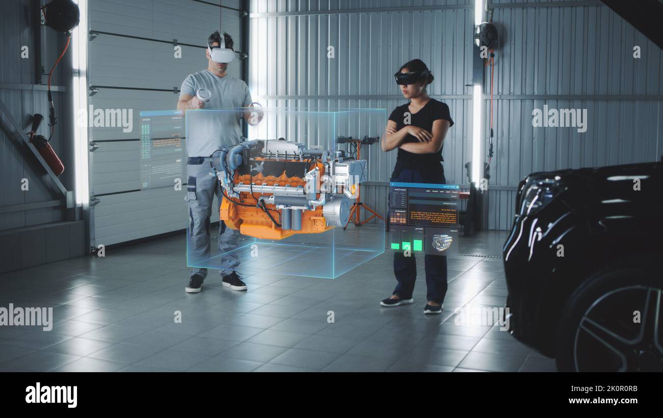 Two service manager engineers use virtual reality technology to ...
