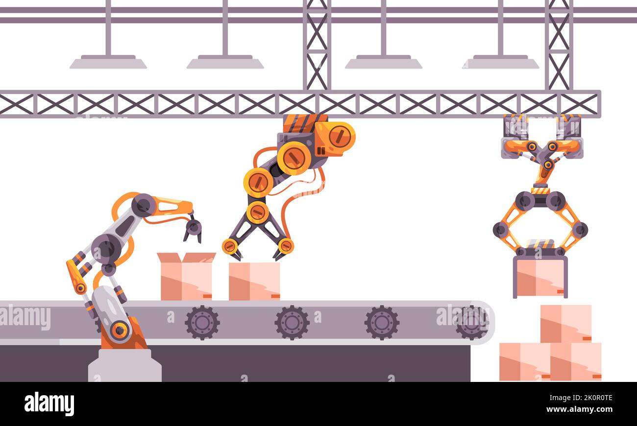 Automated distribution warehouse box product assembly line with robot ...