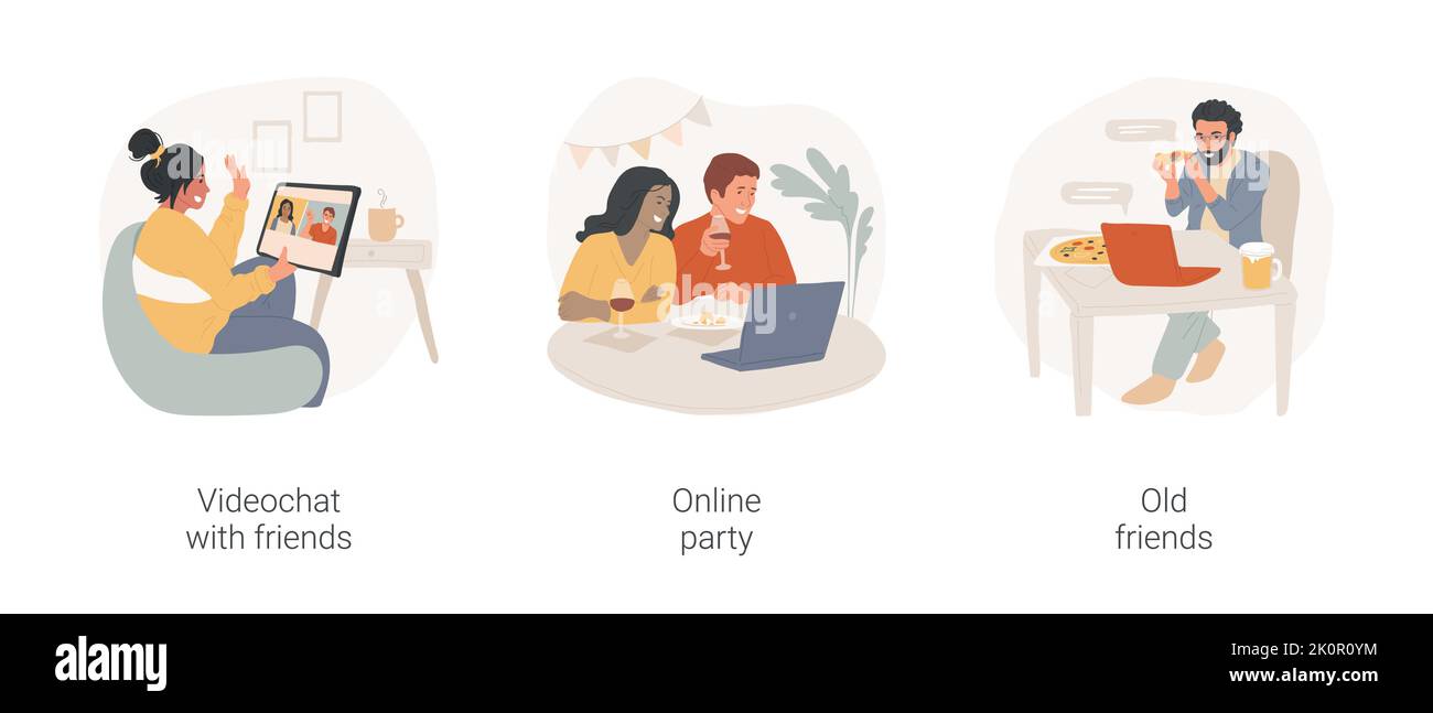 Online friends meeting isolated cartoon vector illustration set. Online ...